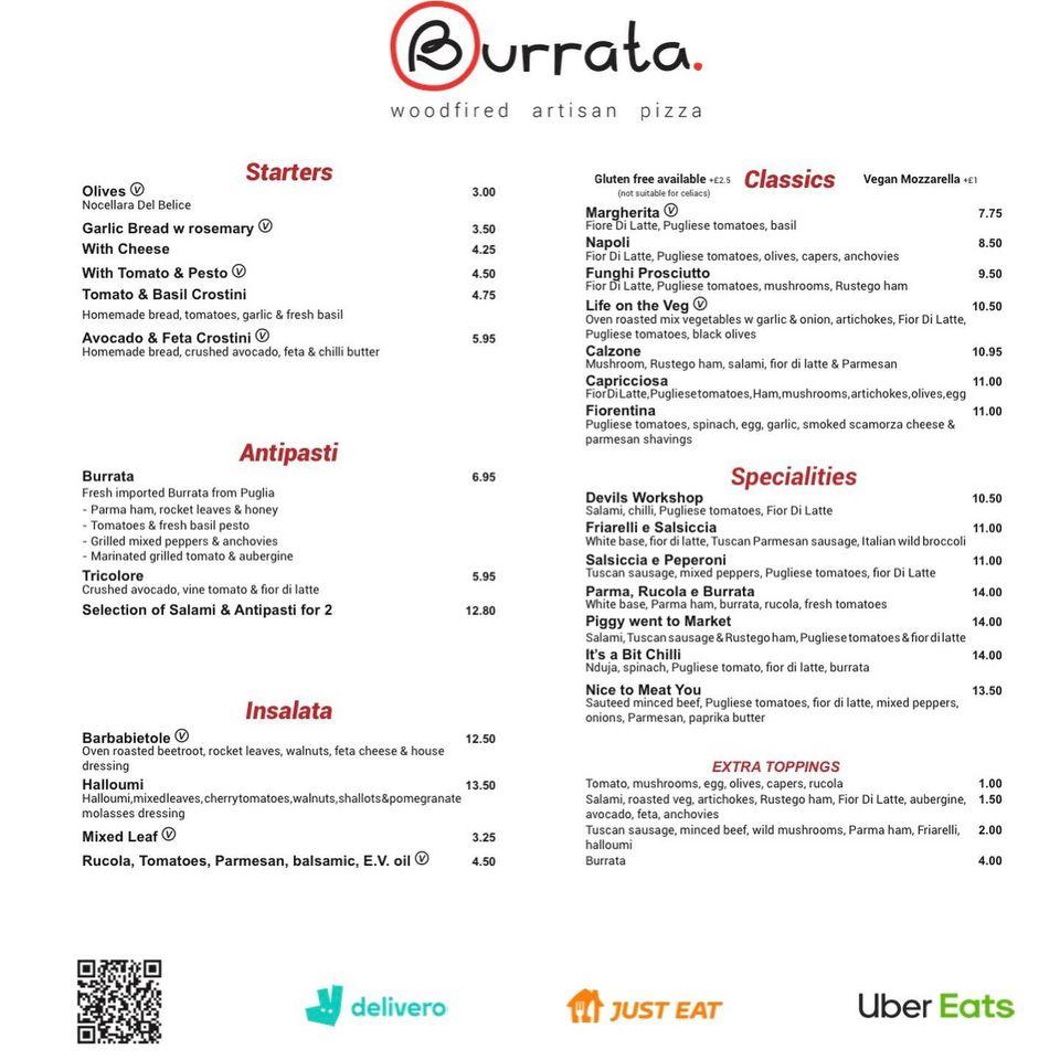 Menu at Burrata pizzeria, London