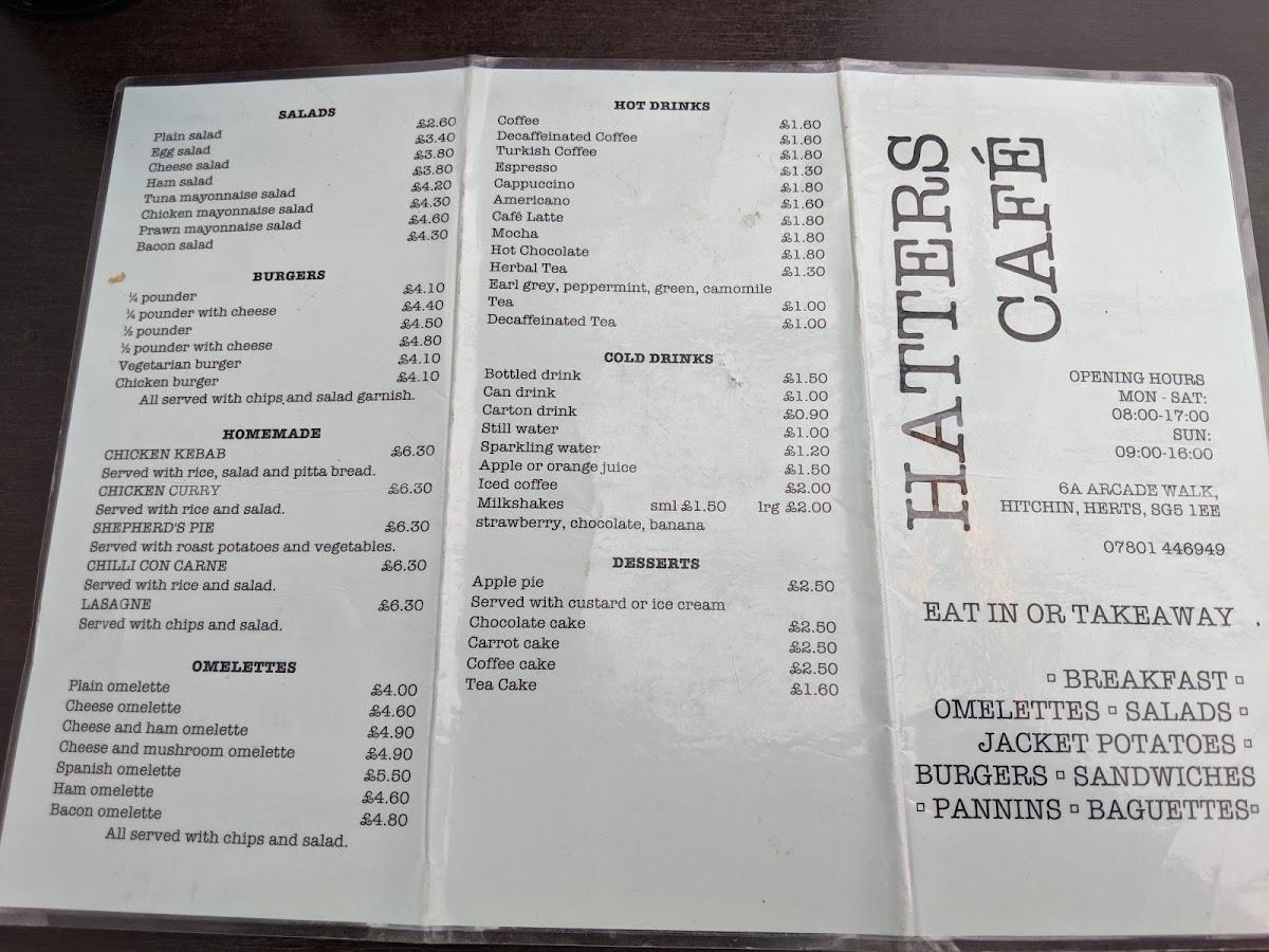 Menu at Hatters Cafe, Hitchin
