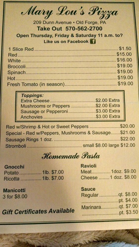 Menu at Mary Lou’s Pizza pizzeria, Old Forge, 209 Dunn Ave