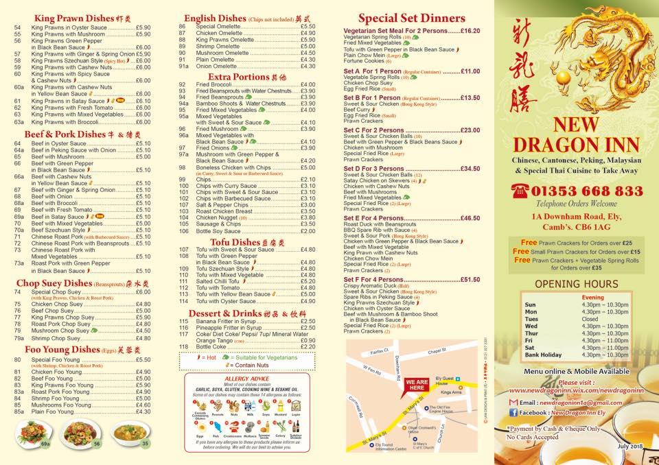 Menu at New Dragon Inn restaurant, Ely