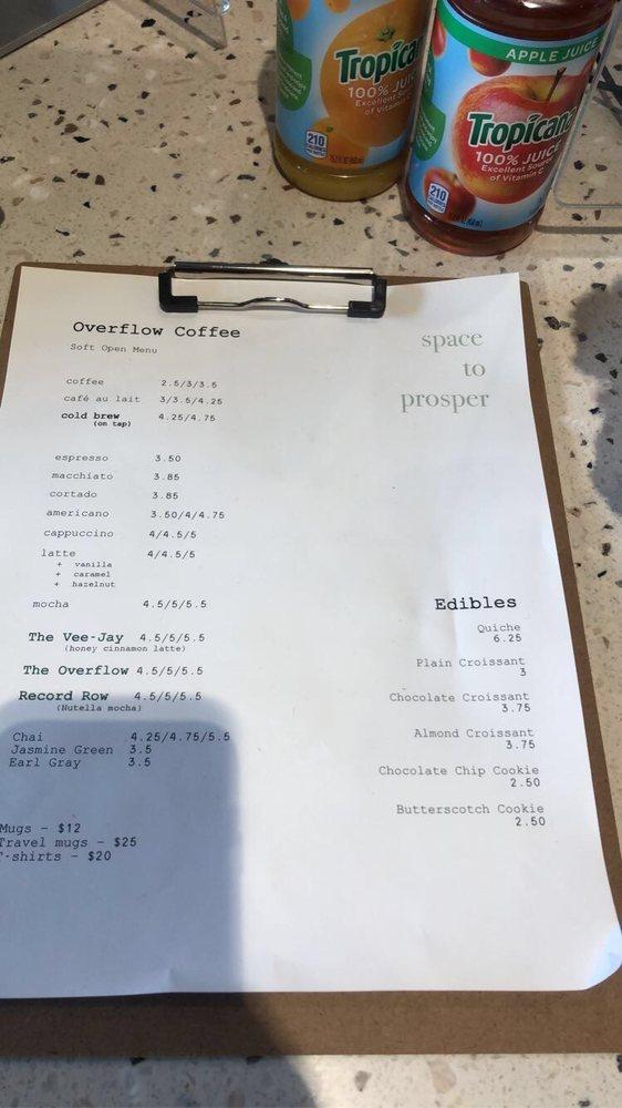 Menu at Overflow Coffee restaurant, Chicago, S Michigan Ave
