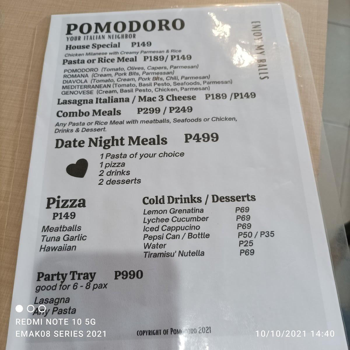Menu at Pomodoro Restaurant, Davao City