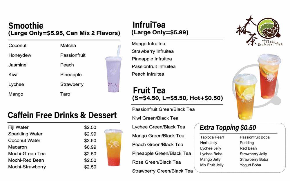 Menu at Taichi Bubble Tea restaurant, Atlanta