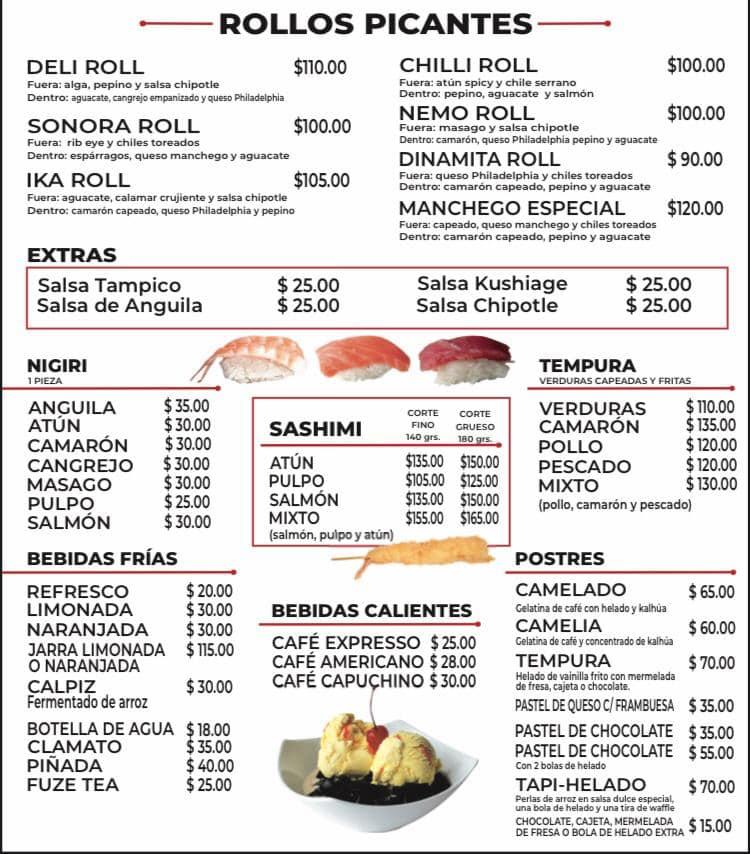 Menu at Tori Sushi restaurant, Santiago de Querétaro