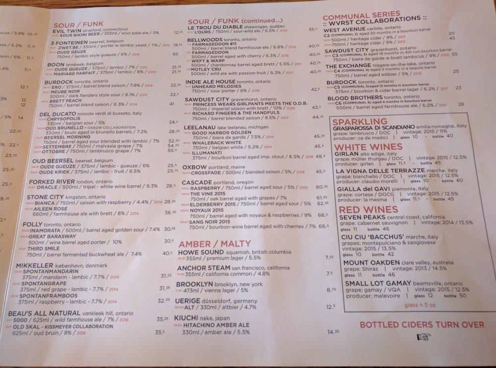 Menu at WVRST pub & bar, Toronto, 609 King St W