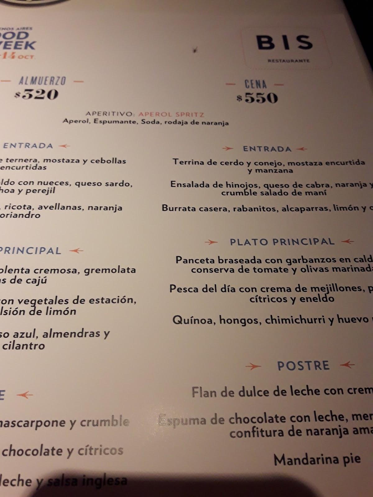 Carta de Bis Restaurante, Buenos Aires