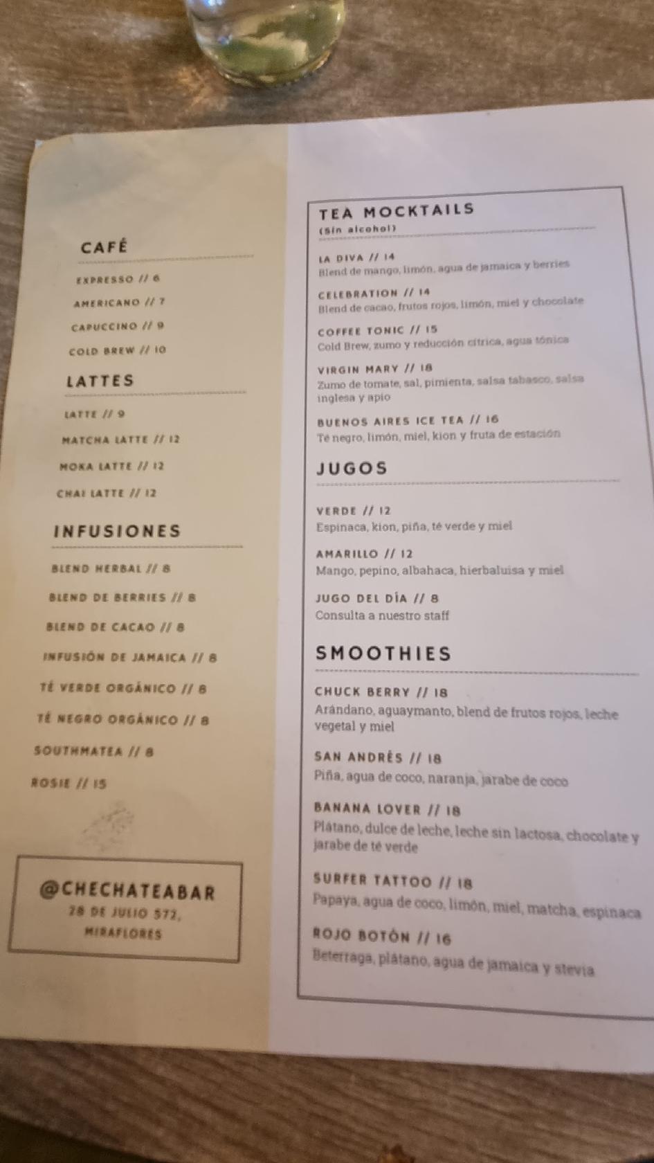 Carta del restaurante CHÉ CHÁ Miraflores, Miraflores