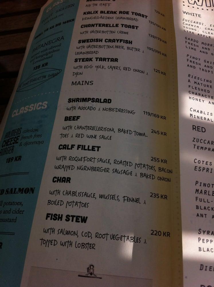 Menu at Holmen Kök & Bar, Saltsjöbaden