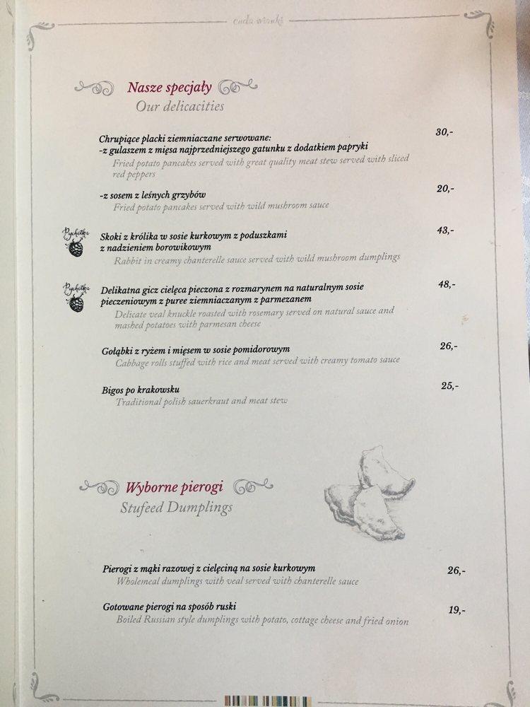 Menu at Miód Malina restaurant, Kraków