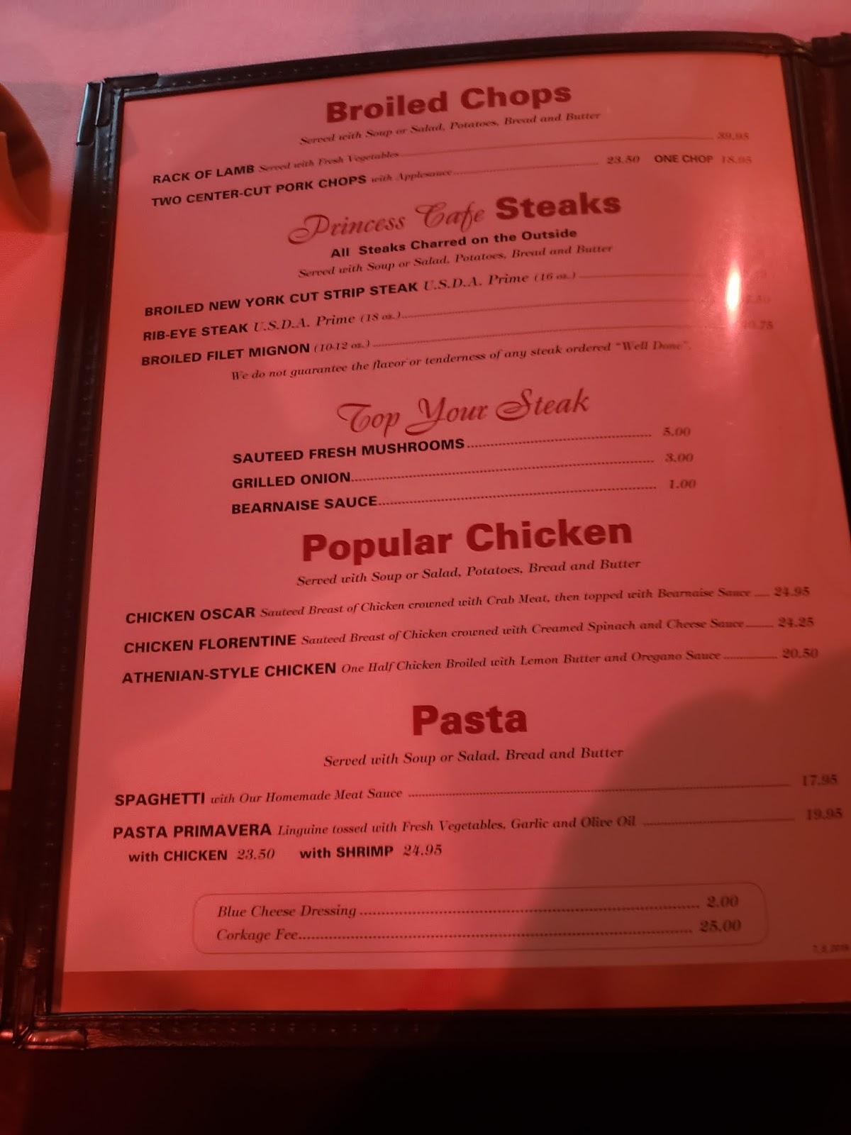 Menu at Princess Cafe, Beecher
