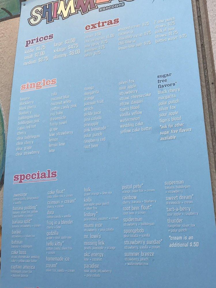 Menu at Shimmers Sno Cones desserts, Oklahoma City, N May Ave