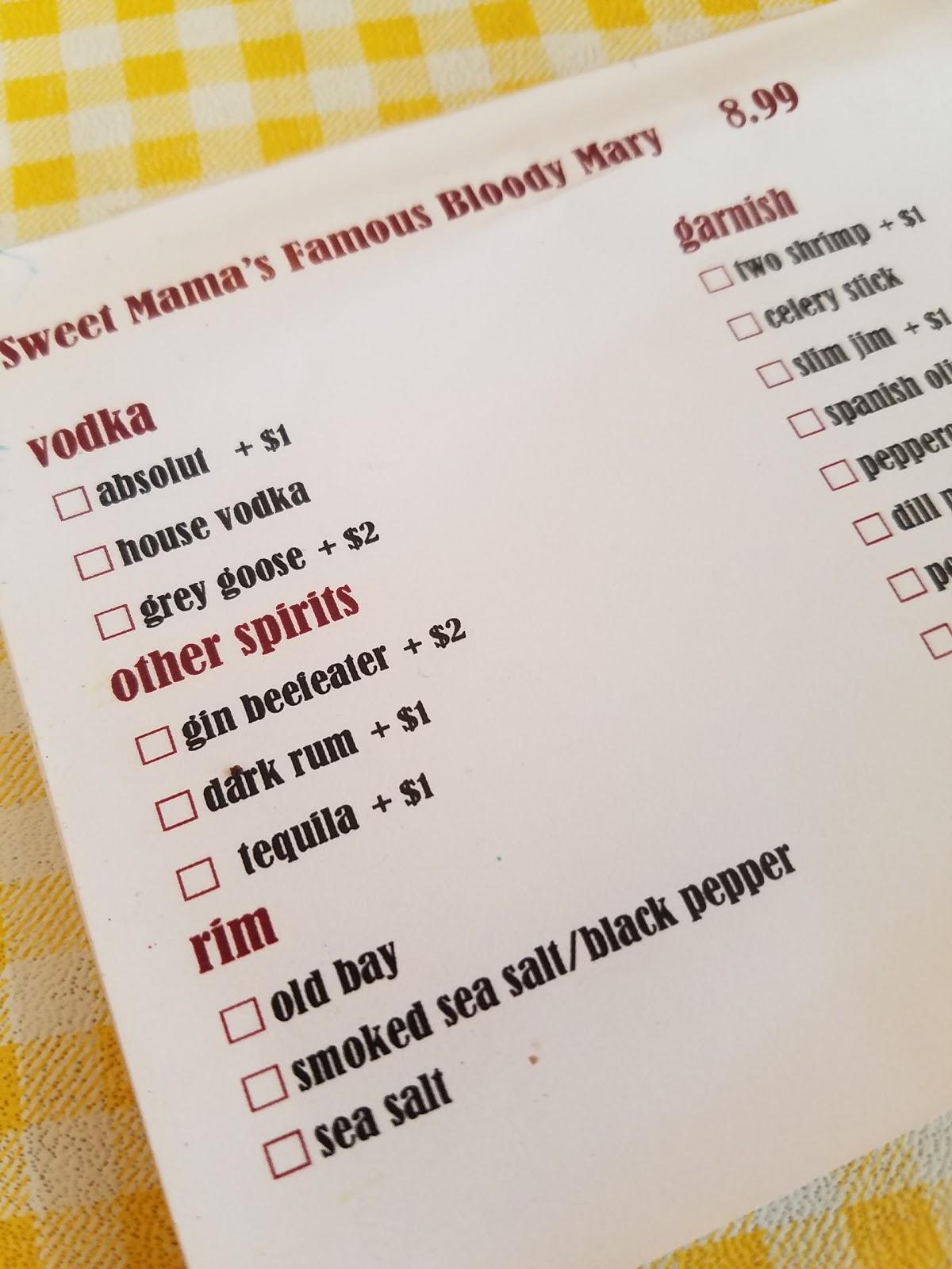 Menu at Sweet Mama's restaurant, Northport