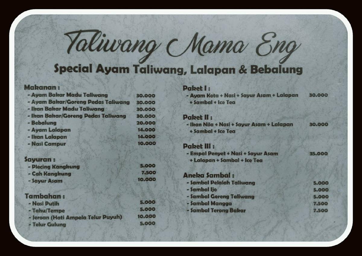 Menu at Taliwang Mama Eng restaurant, Mataram