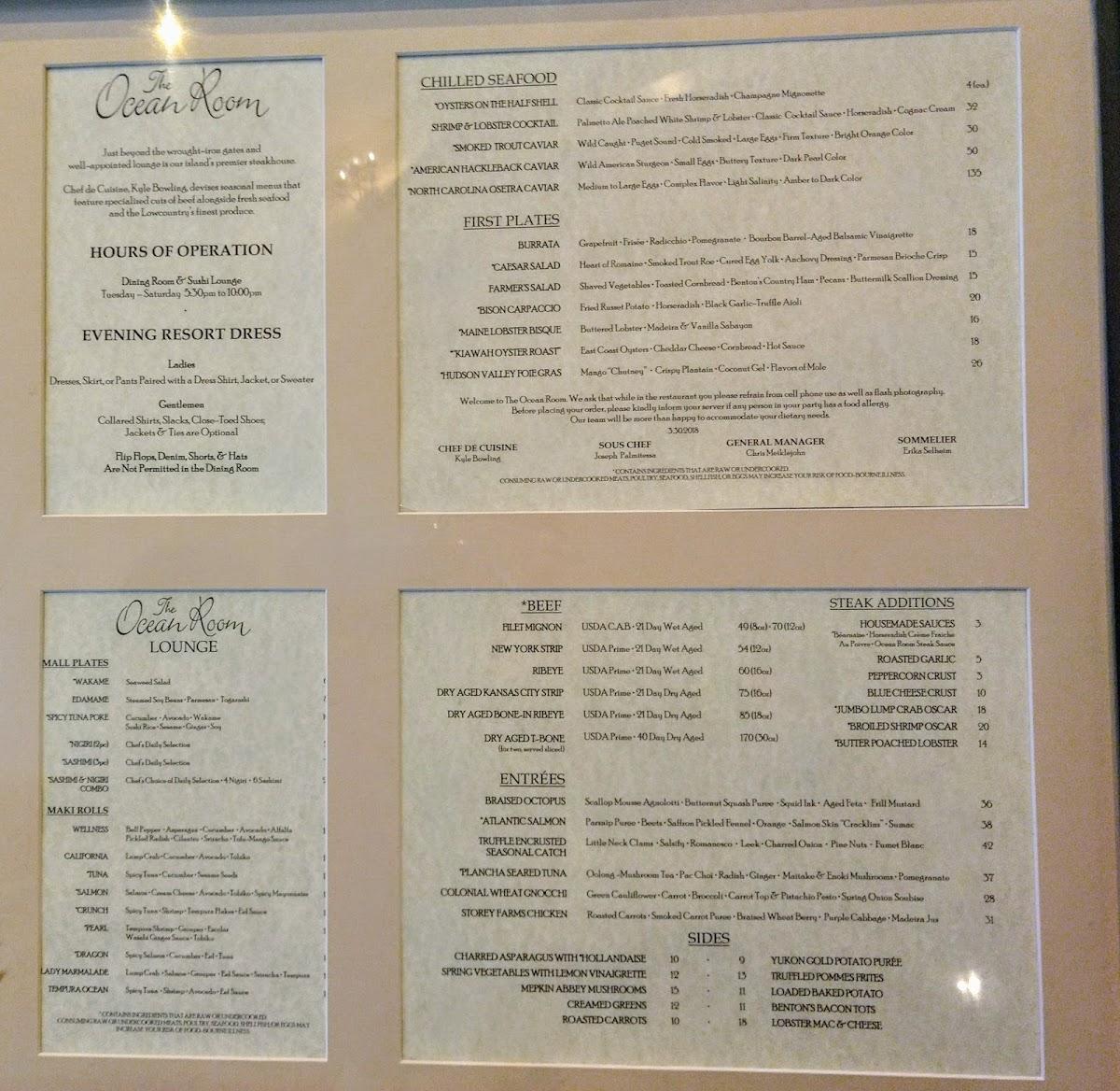 Menu at The Ocean Room BBQ, Kiawah Island