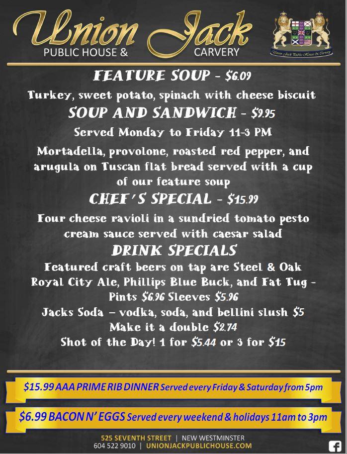 Menu at Union Jack Public House, New Westminster