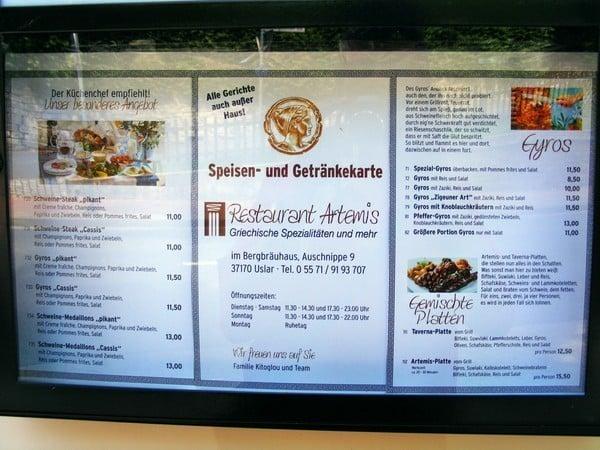 Menu at Artemis restaurant, Uslar