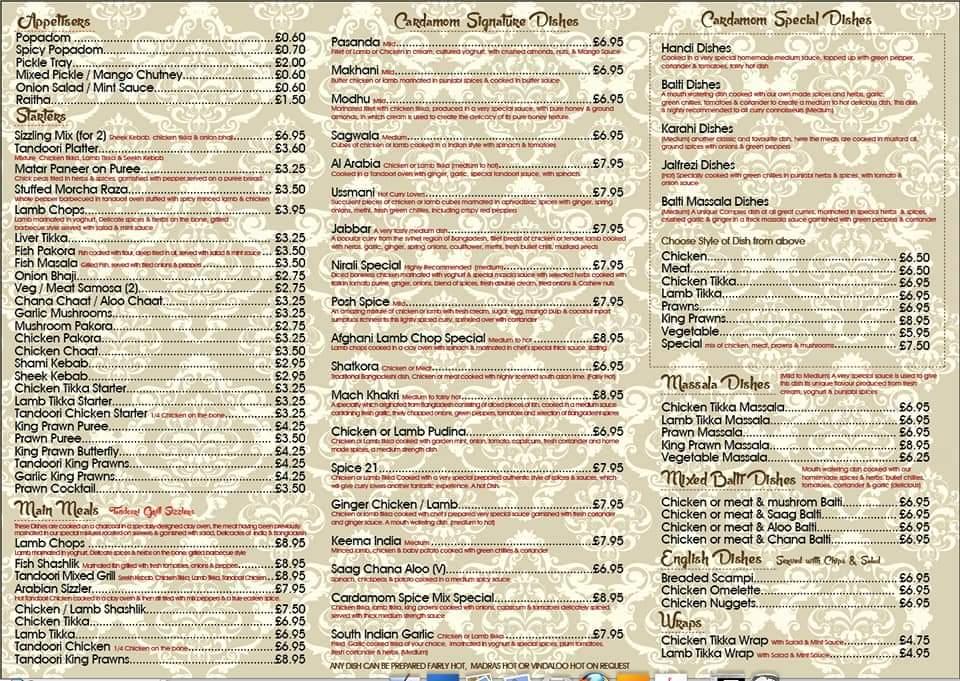 Menu at Cardamom Spice, Snaith, Goole restaurant, Carlton