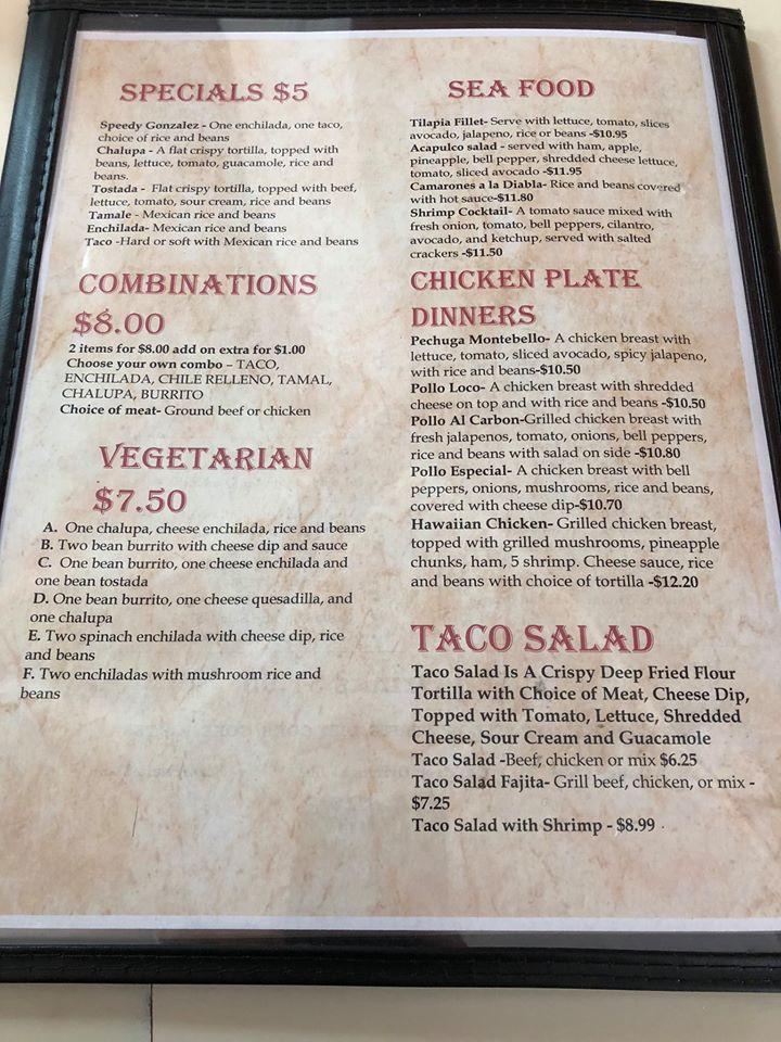 Carta del restaurante El corral, Plantersville