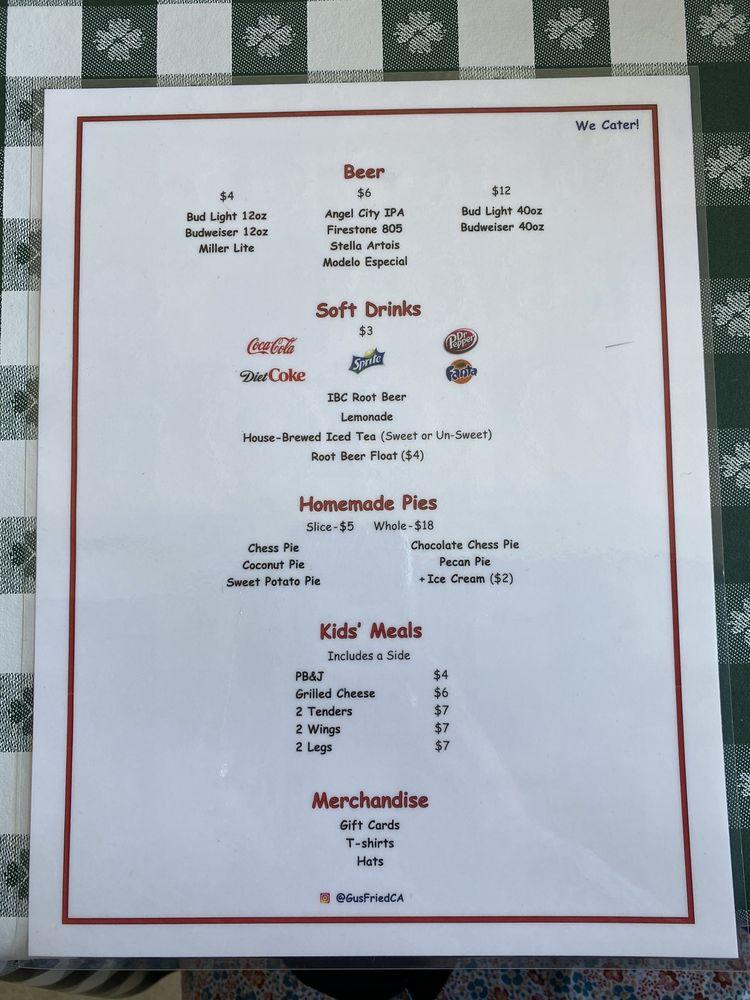 Menu at Gus's World Famous Fried Chicken restaurant, Santa Ana