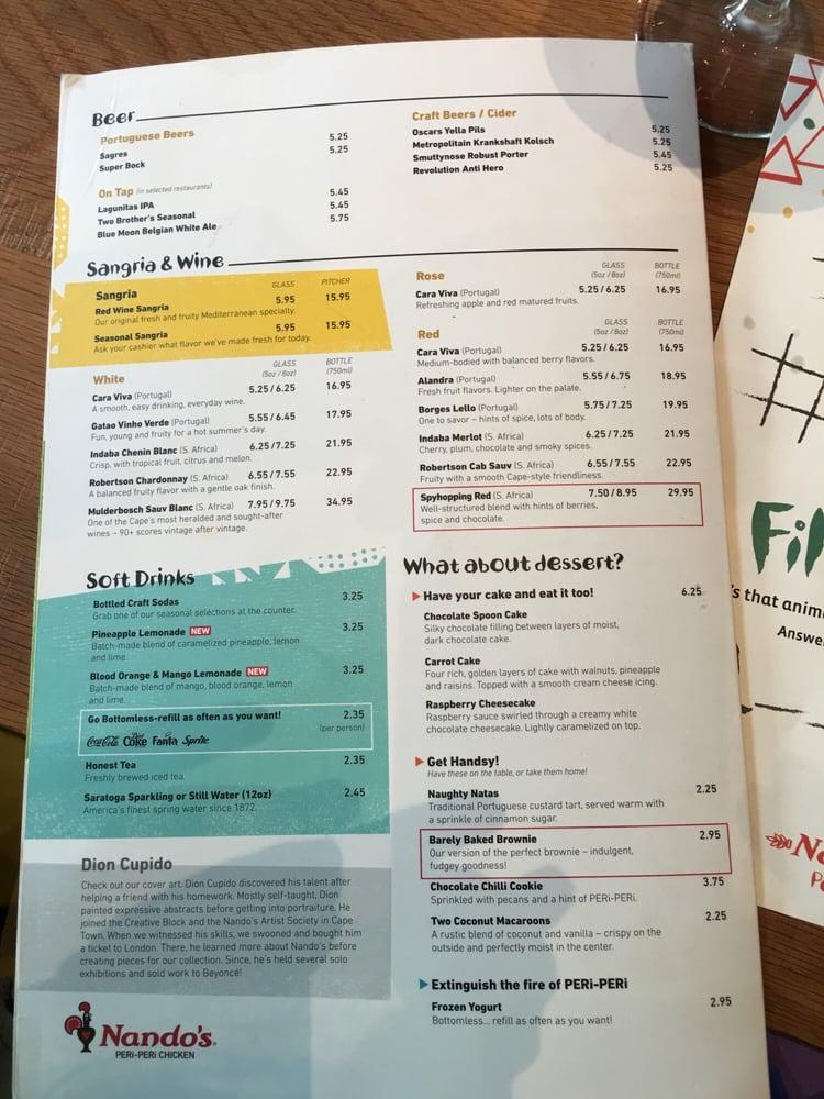 Menu at Nando's PERi-PERi restaurant, Naperville