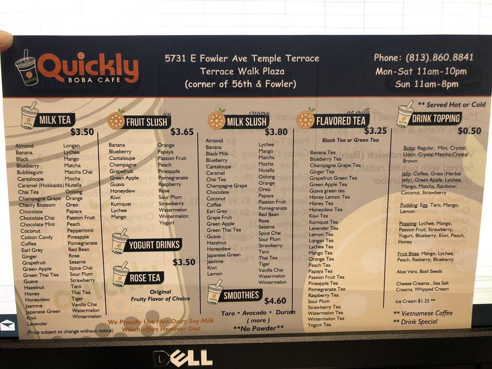 Menu at Quickly Boba Cafe. USF, Temple Terrace