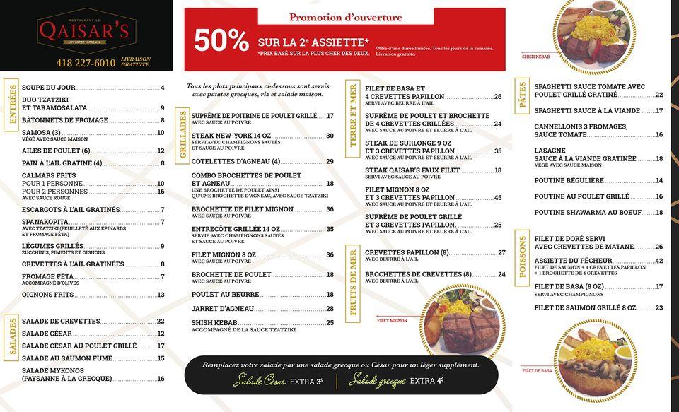 Menu au Restaurant Qaisar's, Saint-Georges