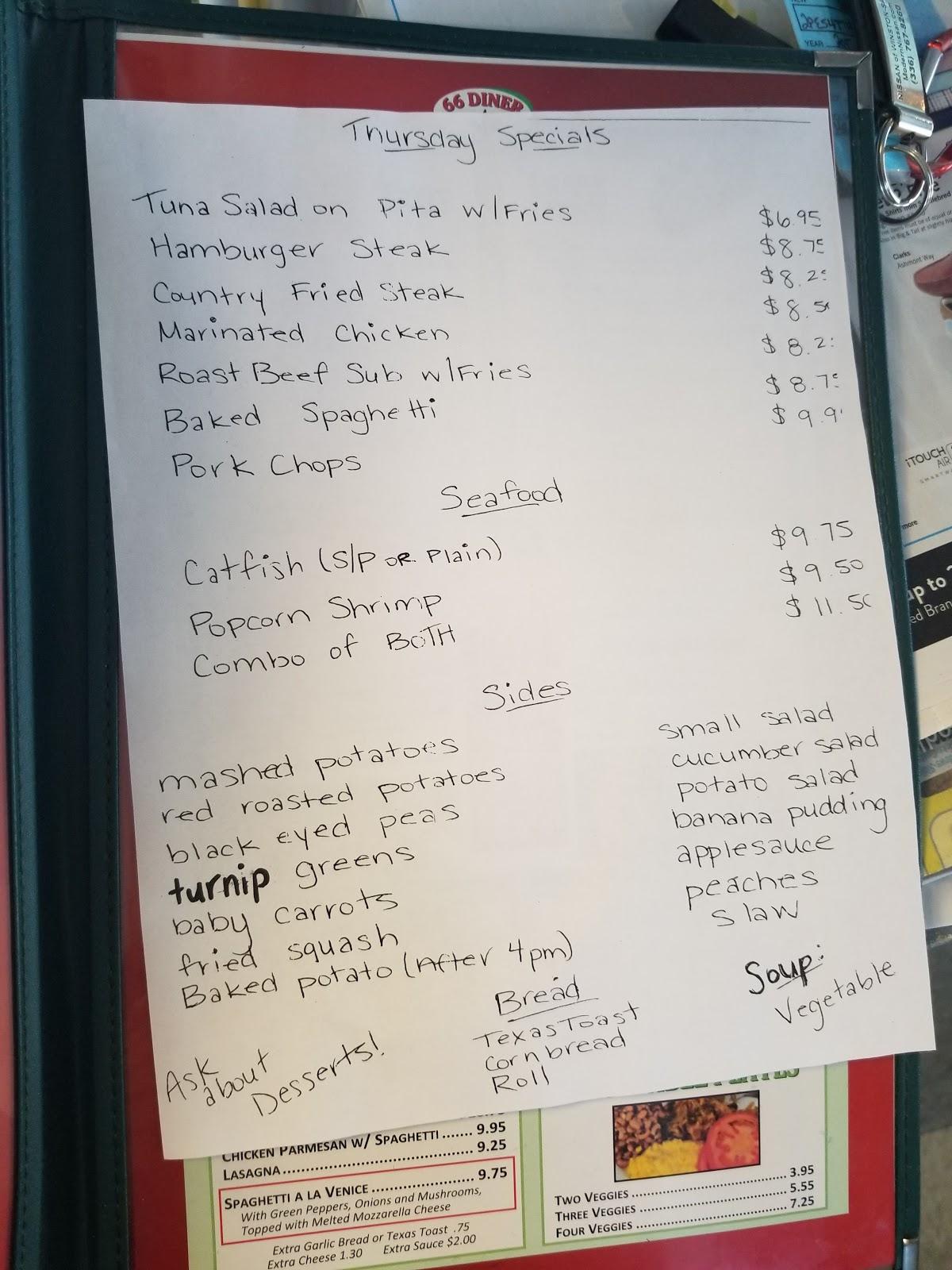 Menu at 66 Diner restaurant, Winston-Salem