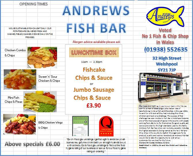 Menu at Andrew's Fish Bar, Welshpool
