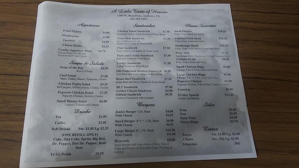 Menu at Little taste of heaven restaurant, Andrews, W Broadway St