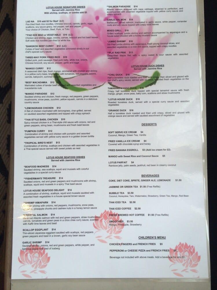 Menu at Lotus Thai House restaurant, Cleveland Heights, Lee Rd