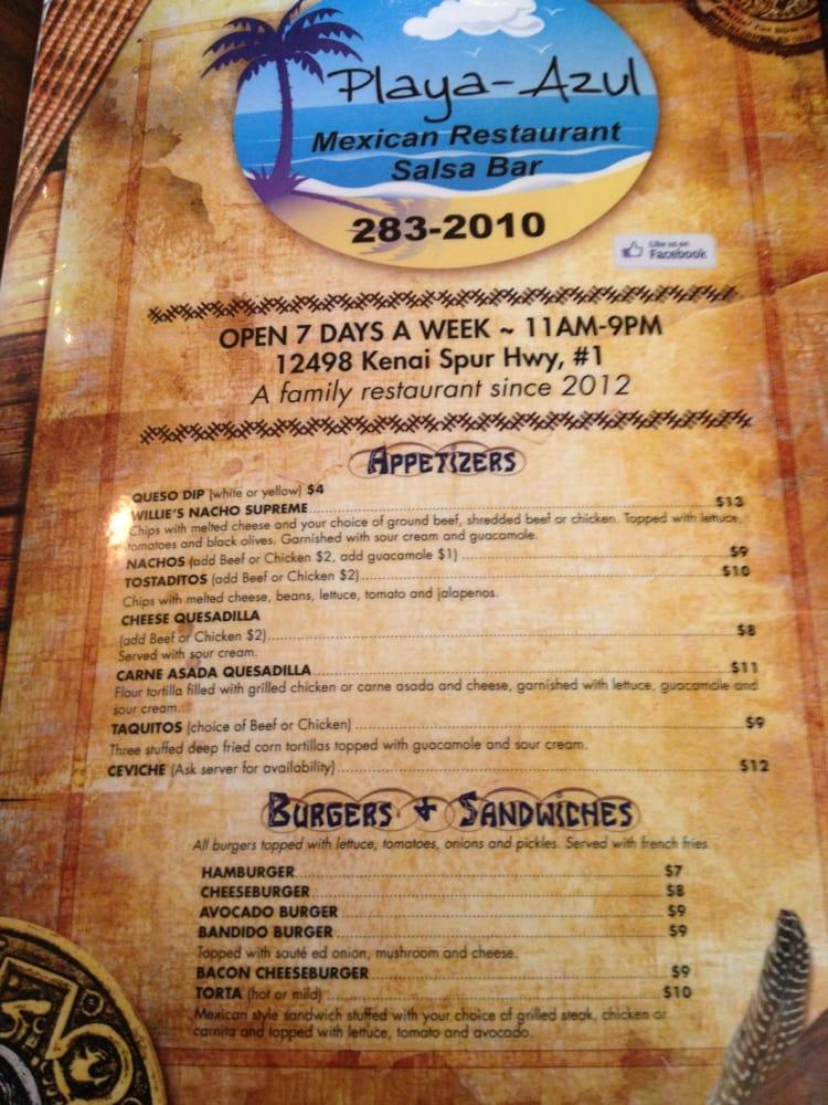 Menu at Playa Azul restaurant, Kenai