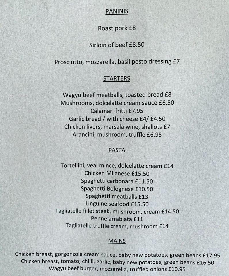 Menu at Quindici restaurant, Loughton