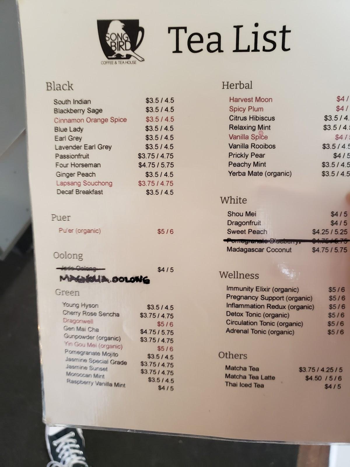 Menu at Songbird Coffee & Tea House - Phoenix, AZ cafe, Phoenix