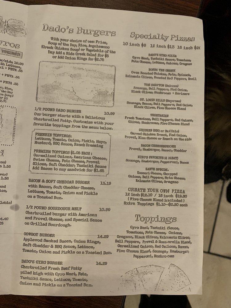 Menu at Dado's Cafe, St. Louis