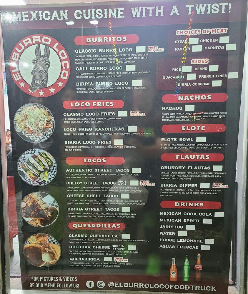 Carta del restaurante El Burro Loco, Orlando, Carrier Dr