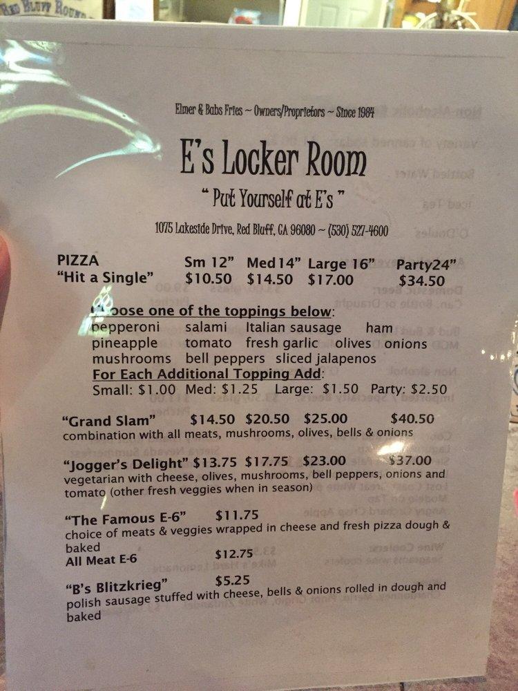 Carta del pub y bar E's Locker Room, Red Bluff