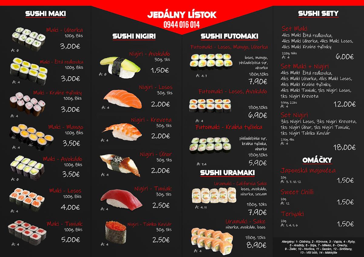 Menu at First Sushi Bar, Prievidza