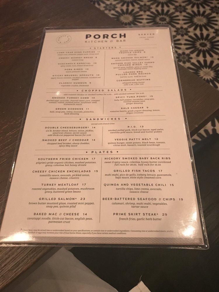 Menu at Porch Kitchen & Bar, Louisville