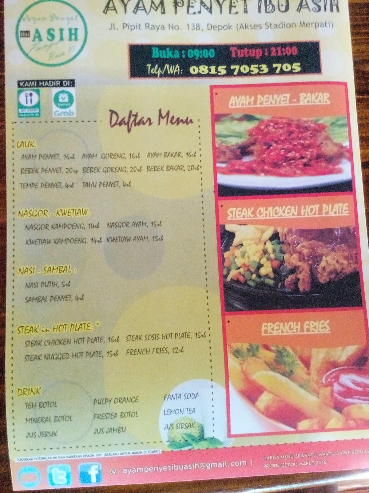 Menu at Ayam Penyet Ibu Asih restaurant, Depok, Jl. Pipit Raya No.138