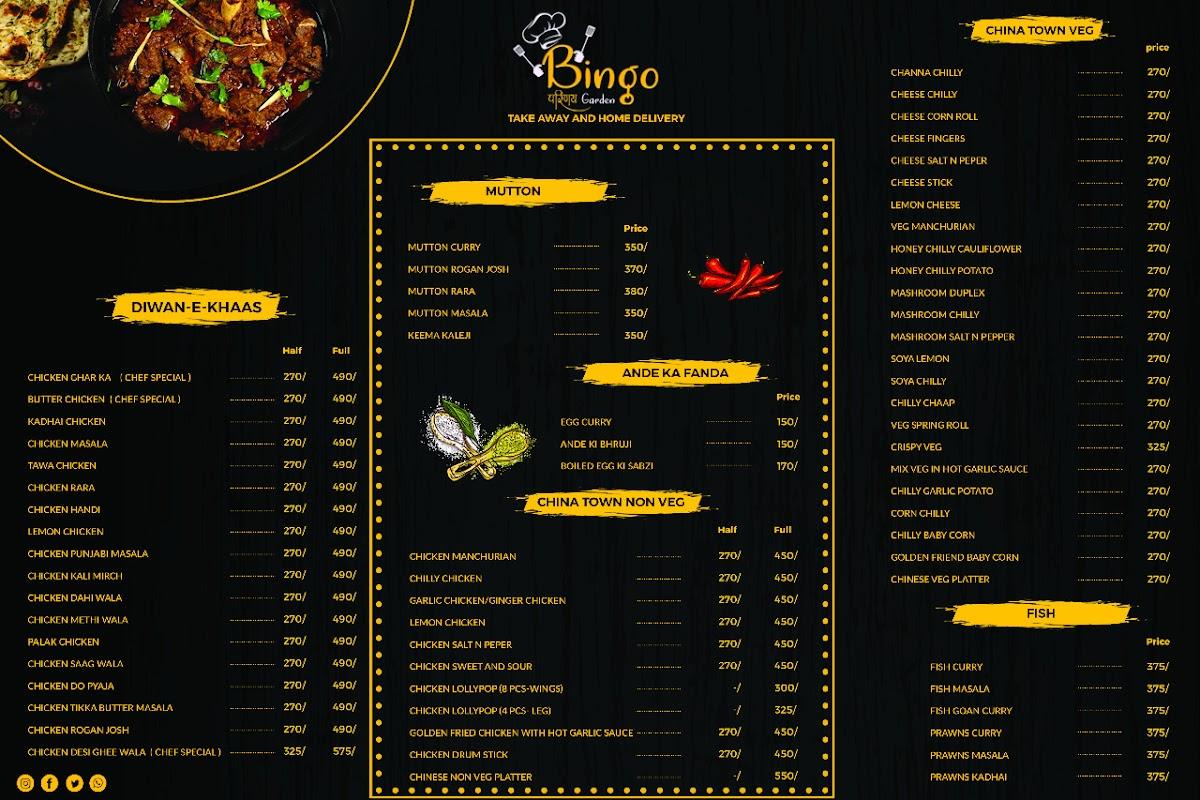 Menu at Bingo Hotel, Kurukshetra