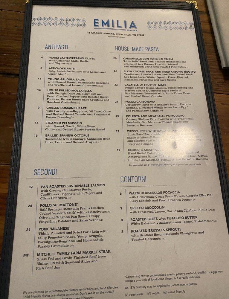 Menu at Emilia restaurant, Knoxville