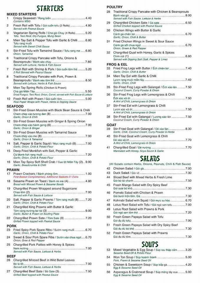 Menu at Mien Tay restaurant, London, 433 Lordship Ln