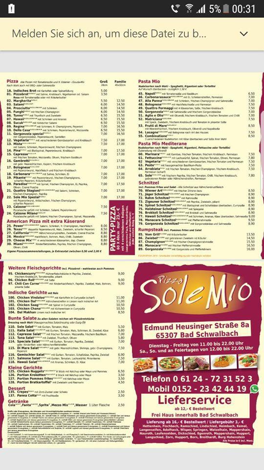 Speisekarte von Pizza Sole Mio, Bad Schwalbach