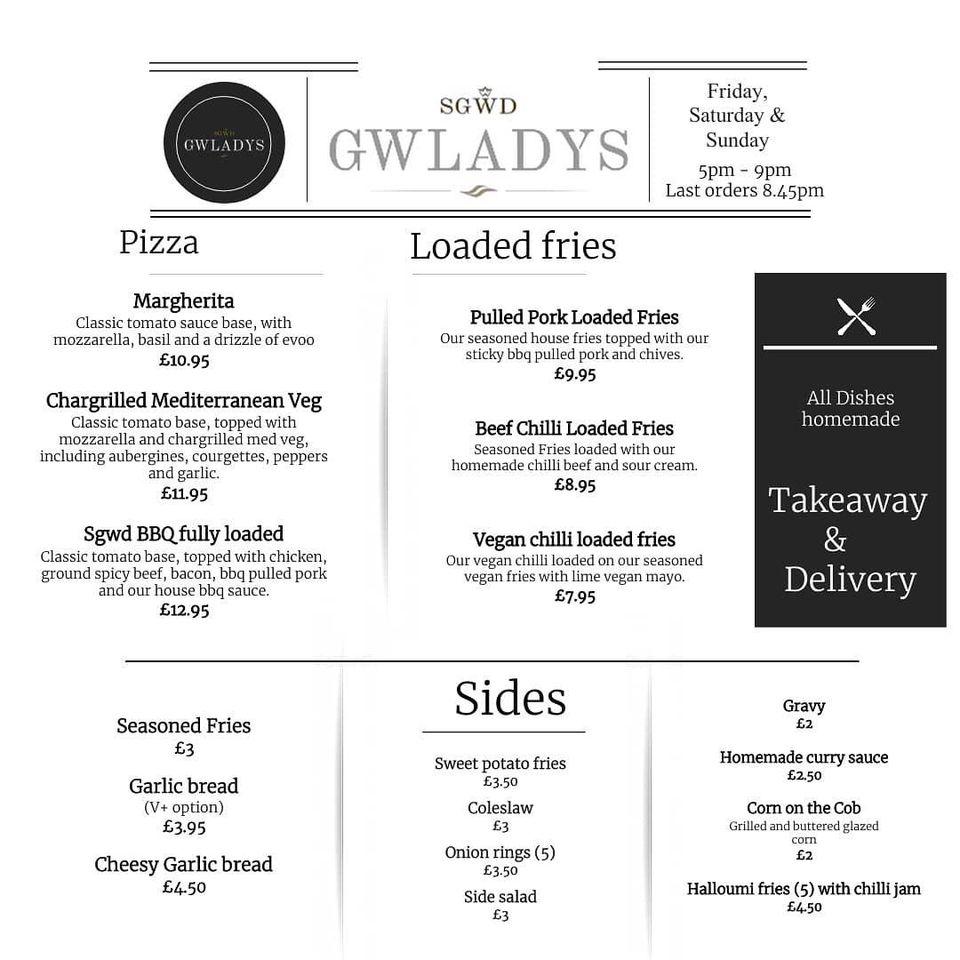 Menu at Sgwd Gwladys pub & bar, Glynneath