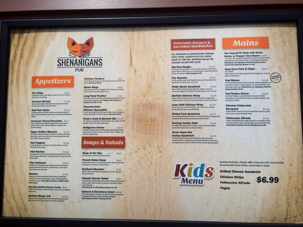 Menu at Shenanigans pub & bar, Conception Bay South, 538 Conception Bay Hwy
