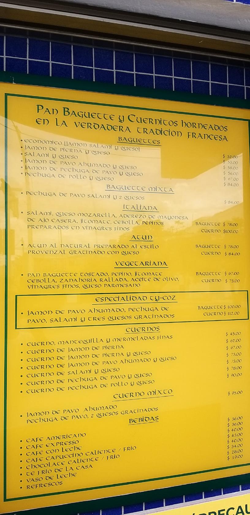 Carta del café Ty-Coz Express, Playa del Carmen, Carr Federal Mz 333 Lt 5