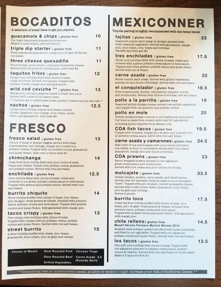 Menu at COA mexican eatery & tequileria restaurant, La Conner