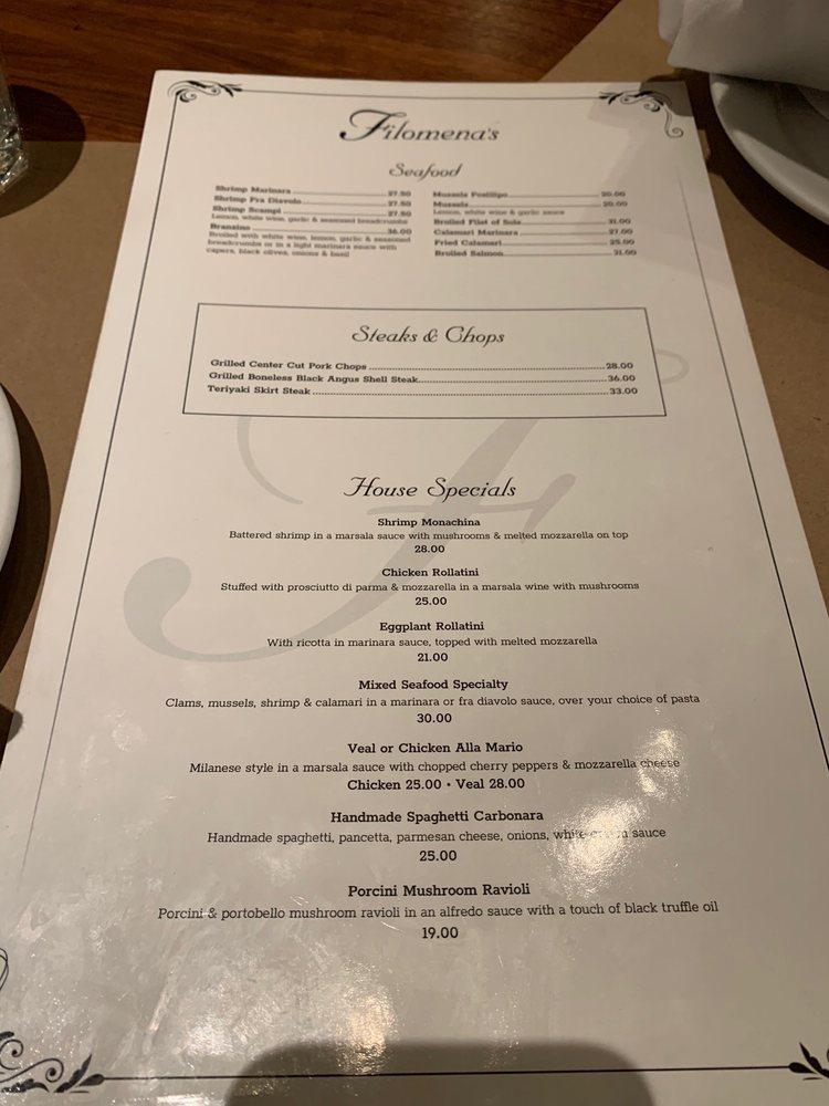 Menu at Filomena's restaurant, Franklin Square