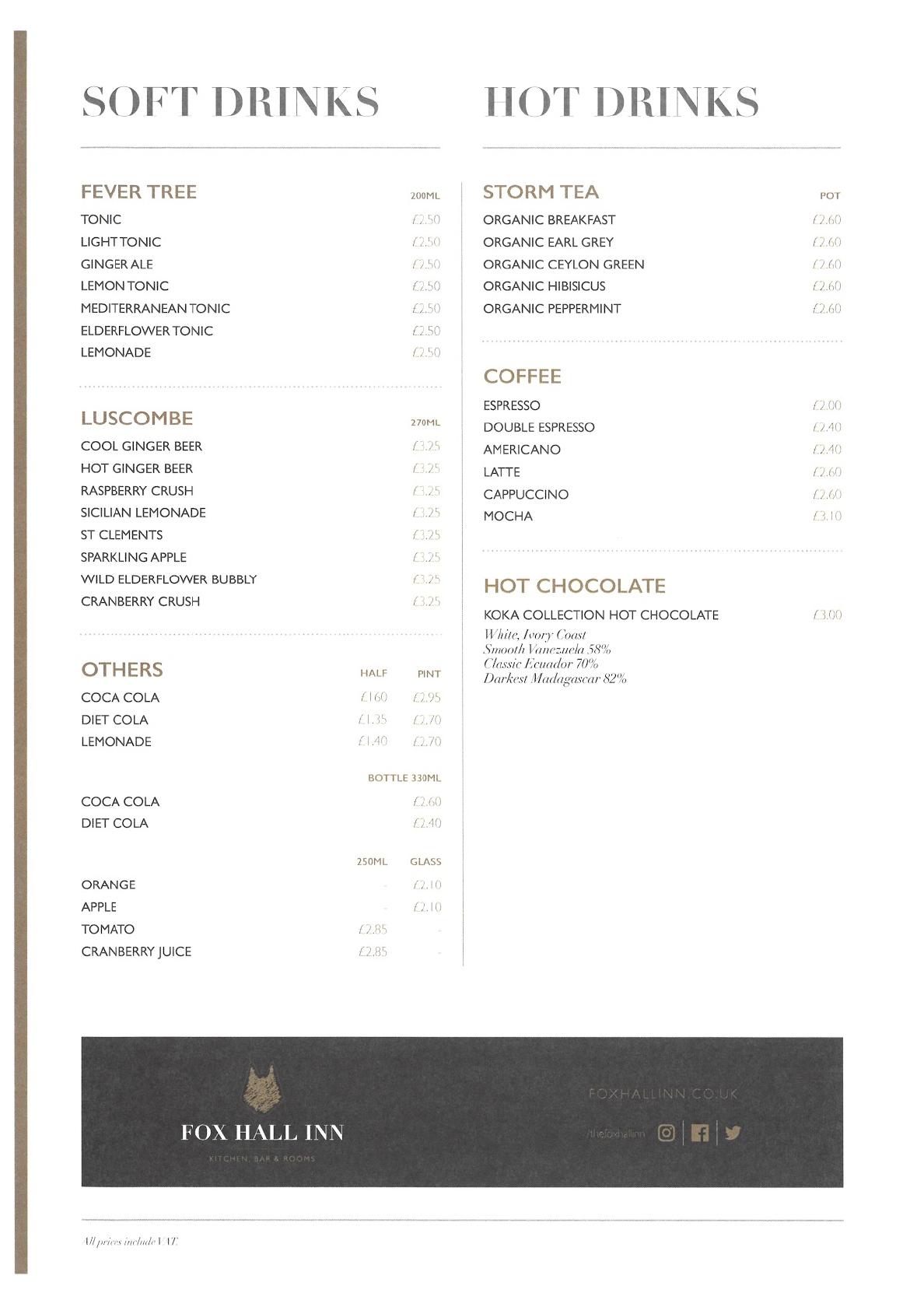 Menu at Fox Hall Inn restaurant, Ravensworth