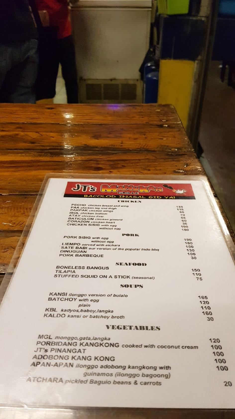 Menu at JT's Manukan Grille restaurant, Quezon City, 4 Granada